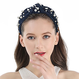 QIANXUAN Cloth Headbands Tie For Women Top Knot Headband With Pearls Denim Headband For Girls Hair Wide Beads Bow Glam Thick Fashion Hairband