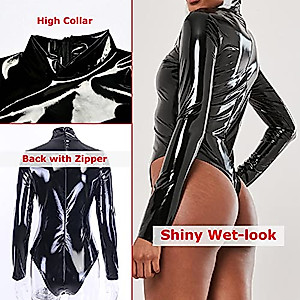 LESOYA Women's Sexy Wetlook PVC Leather High Neck Long Sleeve High Cut Thong Leotard Bodysuit Catsuit
