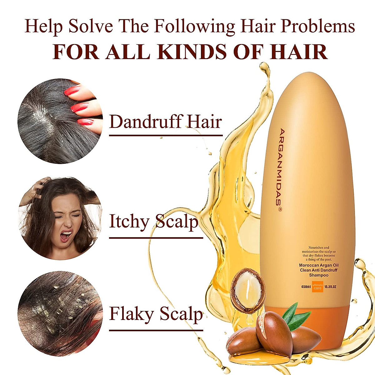 ARGANMIDAS Anti-Dandruff Moisturizing Shampoo for Dry, Flaky and Itchy Scalp - Treats and Prevents Dandruff for Women and Men, 15.3 Fl Oz