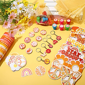 Sasylvia 122 Pcs Groovy Party Favors Retro Hippie Party Gifts Set Silicone Wristbands Keychains Badges Glasses Stickers Boho Stampers Gift Bags for Groovy Birthday Baby Shower Class Reward Supplies