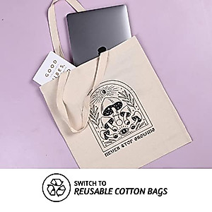 Folkulture Canvas Tote Bag with Zipper for Women | 16" x 15", 100% Cotton Reusable Grocery Bag with Pocket, Tote Bag Aesthetic for Men & Teens | Tote Bags for Work Travel Shopping (Never Stop Growing)