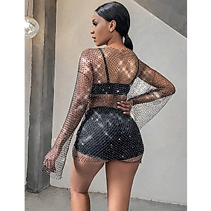 Lrady Women's Rhinestone Mesh Sheer Fishnet Long Sleeve V Neck Mini Dresses Sexy Bikini Beach Cover Up Clubwear, Black & White, Large