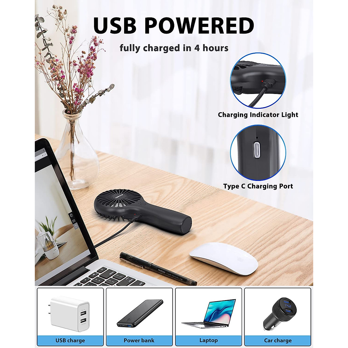 TriPole Mini Handheld Fan 5000mAh Battery Operated Small Fan 2 Speeds Powerful Personal Portable Fan Cute Design USB Rechargeable Electric Fan for Eyelash Makeup Kids Women Men Outdoor Travel, Black