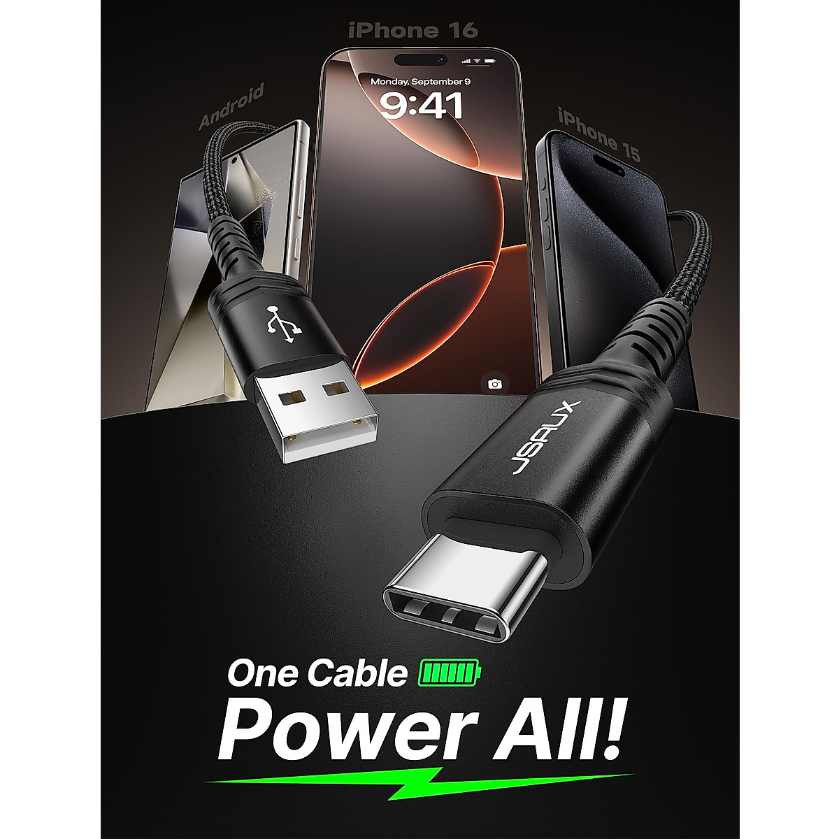 JSAUX USB C Cable [2-Pack 6.6ft], USB A to USB Cord 3.1A Fast Charging Compatible with iPhone 16/16 Plus/16 Pro/16 Pro Max/iPhone 16e/iPhone 15 Series, Samsung S20 S10 S9, Note 20 10, Car Play -Black