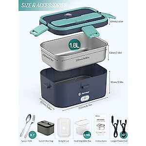 Pavezo Electric Lunch Box [Faster-75W, Large-1.8L] Food Heated Lunch Box, 12V/24V/110V Food Warmer Lunch Box for Car Truck Home, With Airtight Lid, SS Container, Fork Spoon, Carry Bag