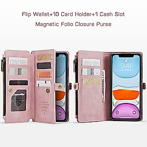 Defencase Wallet Case for Women Men, Durable PU Leather Magnetic Flip Lanyard Strap Wristlet Zipper Card Holder Phone Cases for iPhone 11 6.1-inch, Rose Pink
