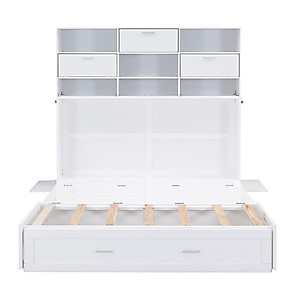 Yuxuanhang Murphy Bed Queen Size with Bookcase, Bedside Shelves and a Big Drawer, Foldable into a Cabinet Space-Saving Design for Small Spaces Guest Room Lounge or Office, White