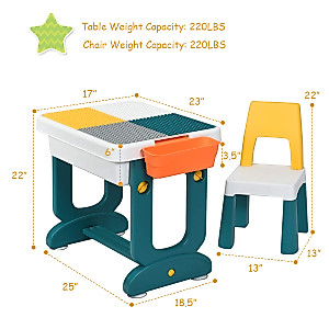 Costzon 5 in 1 Kids Multi Activity Table and Chair Set, Building Block Table w/Double-Sided Board, Storage, Children Draw Table w/Pen Folding to Toddler Luggage, Gift for Boys & Girls