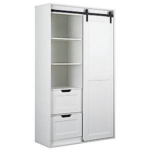 SZUBEE 71-Inch High Wardrobe and Cabinet with Classic Sliding Barn Door-Armoscope Locker for Bedroom, Cloakroom, Living Room, Antique White