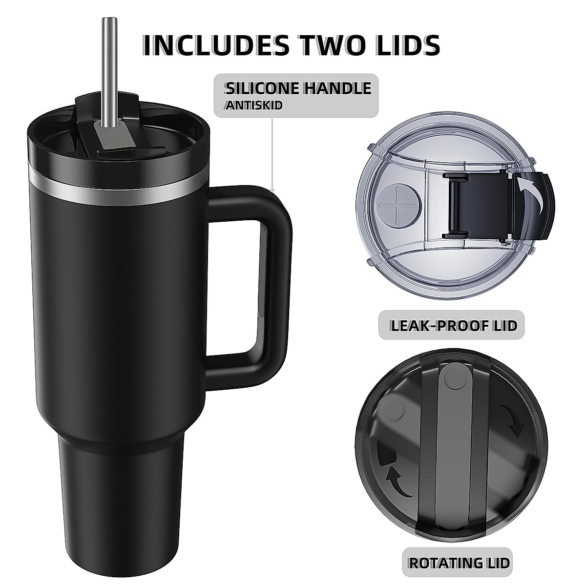 MURRICON 40 oz Tumbler with Handle and Straw,Reusable Vacuum Quencher Tumbler with Lid,Stainless Steel Insulated Travel Mug,for Coffee and Beverages(Black)