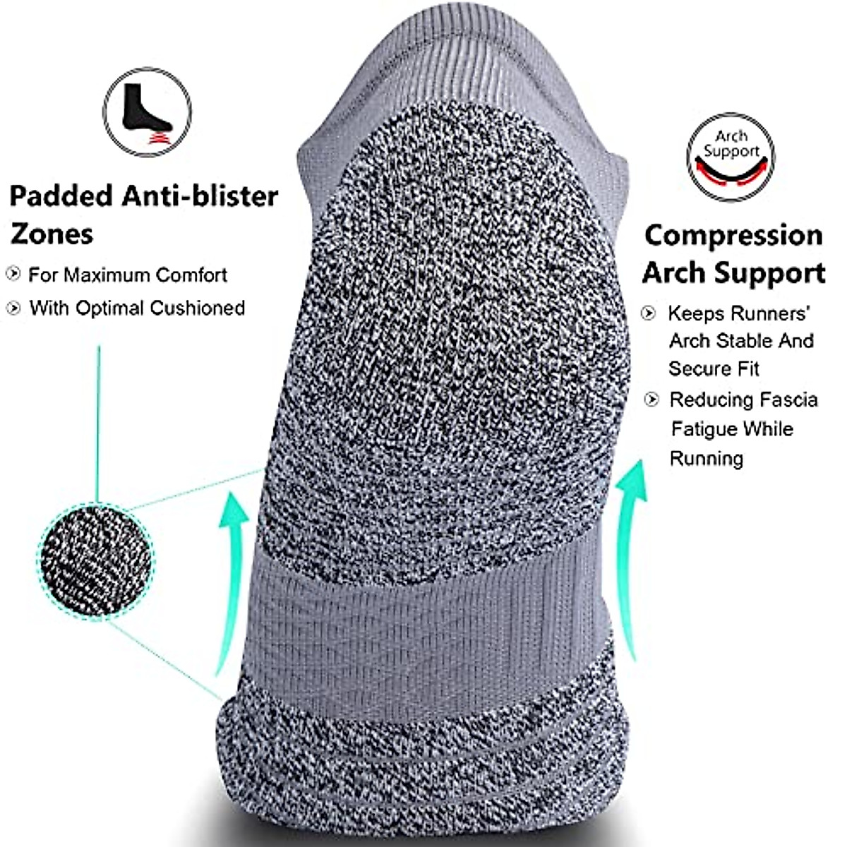 SITOISBE No Show Sports Compression Running Socks for Men Women Circulation 4-pairs, Low Cut Cushioned Socks Moisture Wicking Arch Support for Planter Faciatis Golf Exercise, Gray, Large