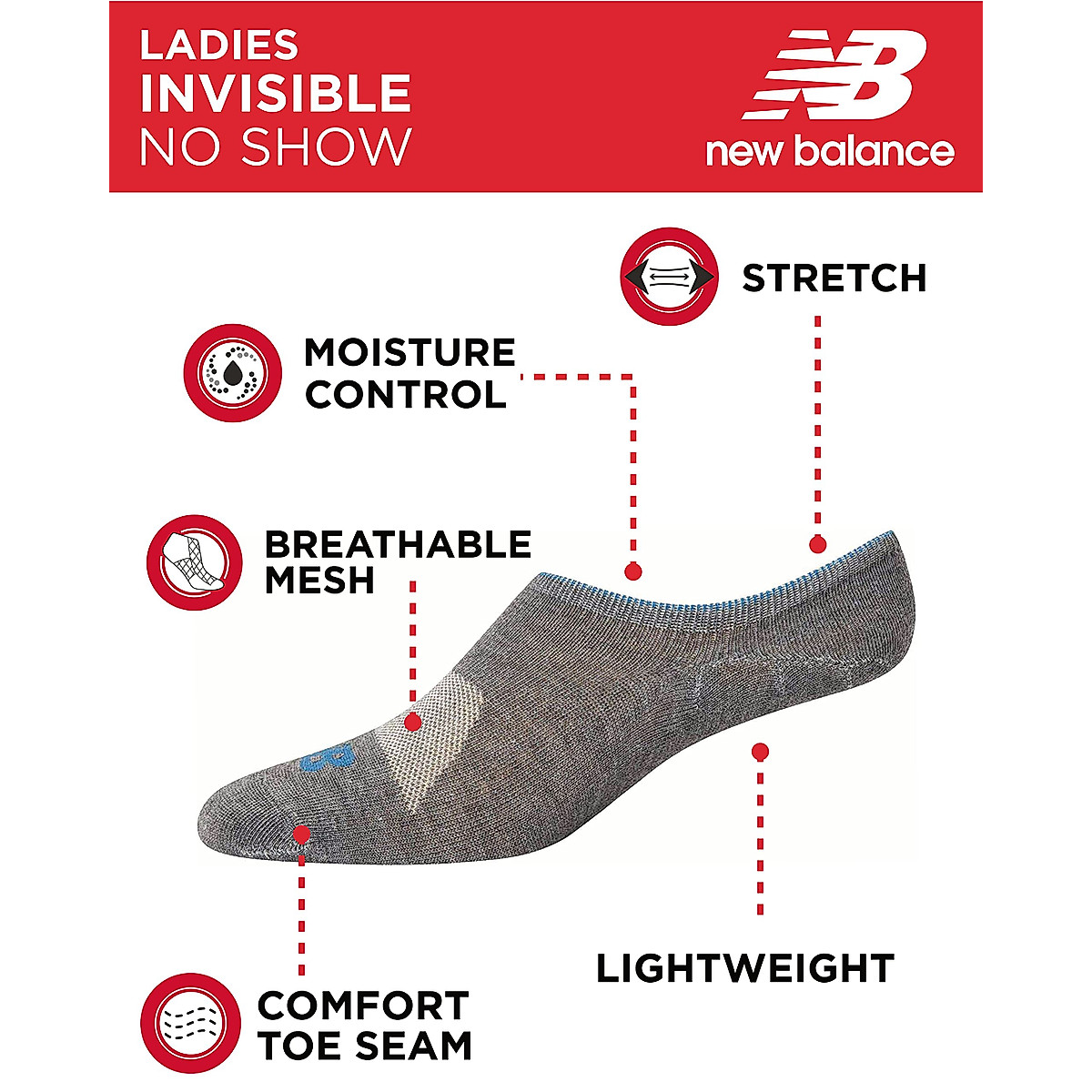 New Balance Women's Invisible No Show Non-Slip Liner Socks (6 Pack), Size 4-10, Solid White