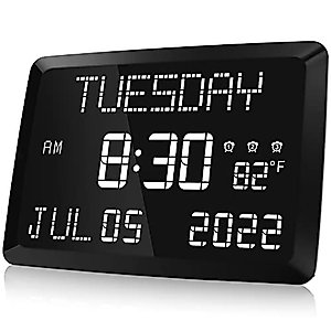 Raynic Digital Clock, 11.5" Large LED Word Display Dimmable Digital Wall Clock,Adjustable Brightness Digital Alarm Clock with Day and Date,Indoor Temperature,Snooze,12/24H,DST for Home, Office,Elderly