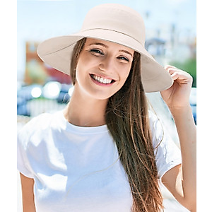 Women Bucket Hat Summer Beach Sun Hats for Women UPF Woman Foldable Floppy Travel Packable UV Hat Cotton Wide Brim Hat (A-Beige)