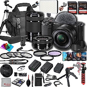 Sony ZV-E10 Mirrorless Camera with 16-50mm + 55-210mm Lenses, 128GB Extreem Speed Memory,Microphone, 120 LED Video Light, Tripod, Spare Battery & Charger -Deluxe Bundle