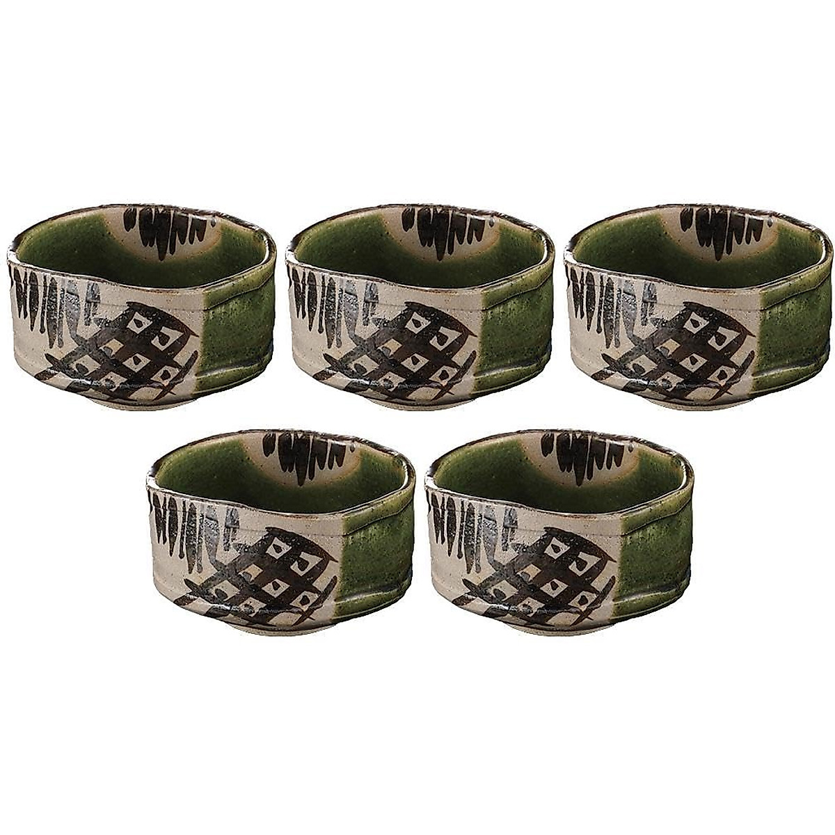 セトモノホンポ(Setomonohonpo) Set of 5 Olive's Lattice Pattern Matcha Bowl (4.8 x 4.7 x 2.8 inches (12.2 x 12 x 7 cm) | Matcha Rice Bowl