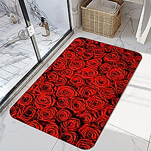 Red Rose Flower Print 17MM Thick Memory Foam Bathroom Carpet and Door Mat Non-Slip Absorbent Super Bath Mats Comfortable Flannel Bathroom Carpet Bed Rug 24 X 16 Inches