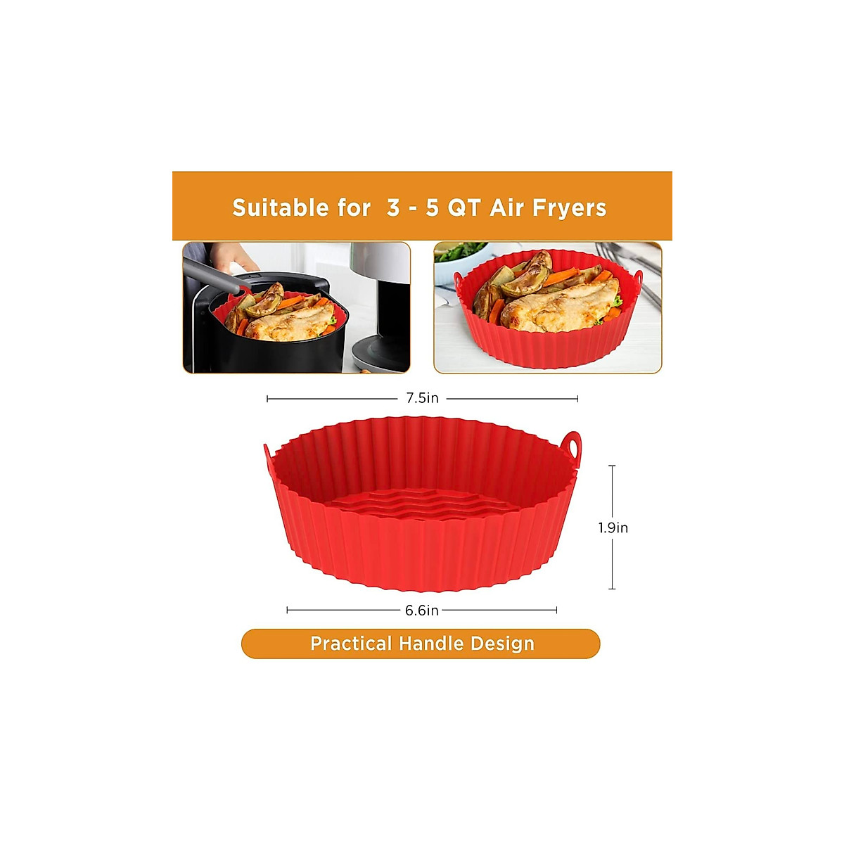 Silicone Air Fryer Liner 2 Pack 7.5inch Reusable Air Fryer Silicone Basket Heat Resistant Easy Cleaning Air fryers Silicone Pot Round for 3 to 5 Qt for Air fryer Oven Accessories (Pink+Red)