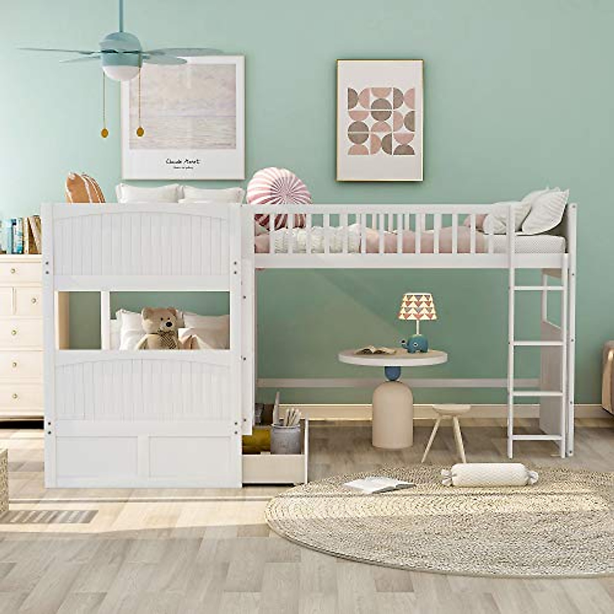 Flieks Triple Bed Twin-Over-Twin-Over-Twin Bed L Shaped Bunk Bed with 2 Drawers and 2 Ladders, No Box Spring Needed