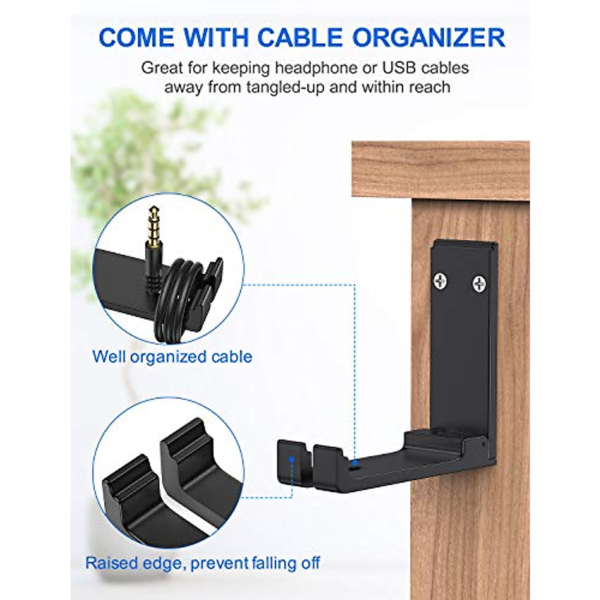 Link Dream Foldable Headphone Hanger Headphone Stand Aluminum Headset Hook Holder Mount Strong 3M Adhesive Headphone Hanger Mount with Cable Organizer for All Headphones - Space Saving Design (Black)