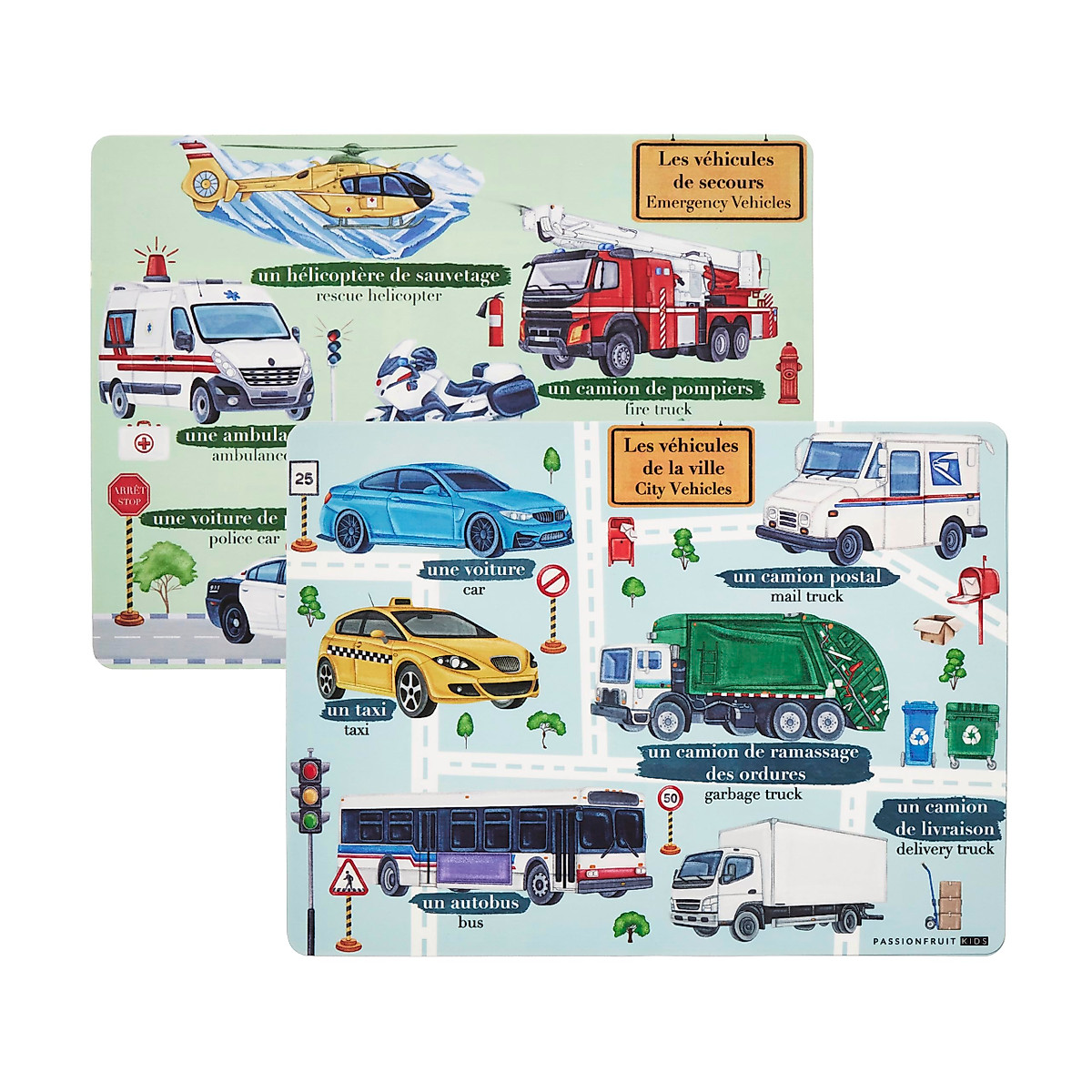 Passionfruit Kids French/English Bilingual Silicone Placemats | Colorful Educational Placemats for Toddlers | Non-Slip, Waterproof, Reusable Placemats for Kids | Vehicle Theme | 2 Pack