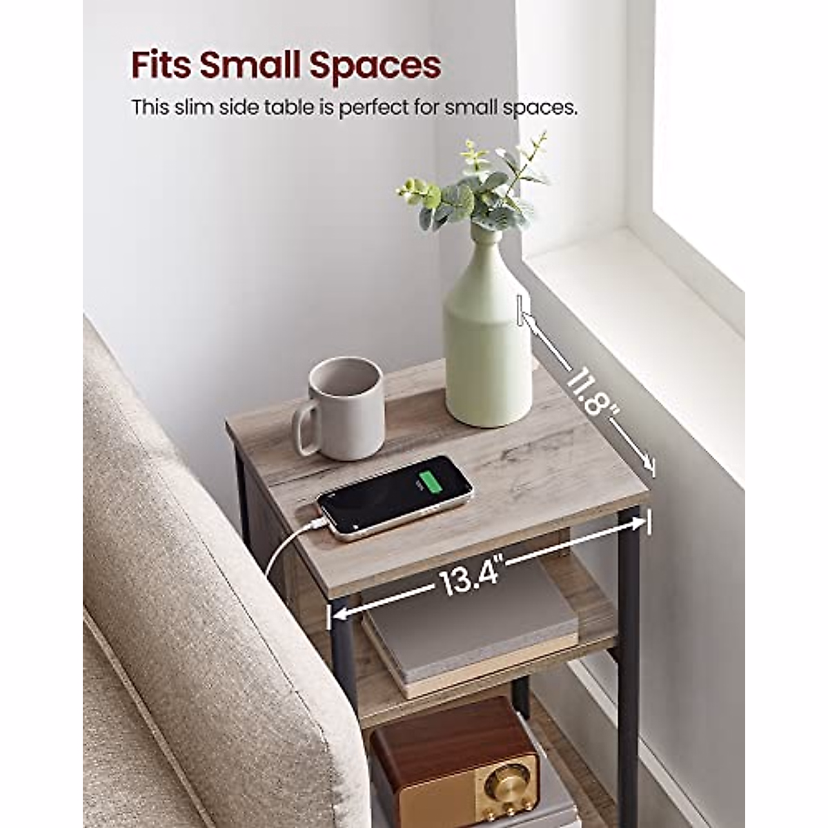 VASAGLE Side Table with Charging Station, 3-Tier End Table with USB Ports and Outlets, Nightstand for Living Room, Bedroom, 11.8 x 13.4 x 22.8 Inches, Plug-in Series, Greige and Black ULET373B02