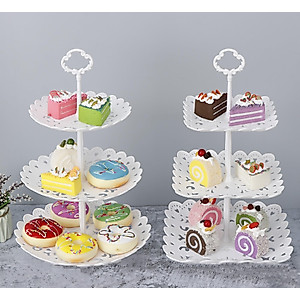 Set of 5 Dessert Stand Set, 3 Tiers White Plastic Cupcake Stand Holder & Rectangle Plastic Party Serving Trays/Platters for Wedding Birthday Baby Shower Tea Party Buffet (Rectangular)