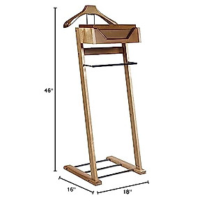 Proman Products Newport Suite Valet Stand VL37034 with Top Tray, Contour Hanger, Trouser Bar, and Shoe Rack, 18" W x 16" D x 46" H, Light Walnut