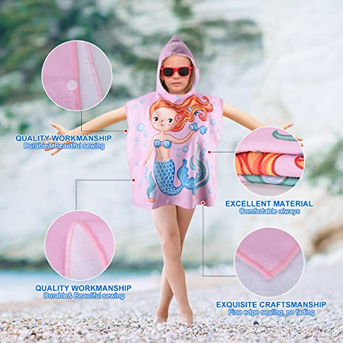 Kids Mermaid Beach Towel with Hooded for Girl 1-6 Years | Baby Toddler Bath Towel for Pool Swiming Hood | Children Microfiber Towel, Pink