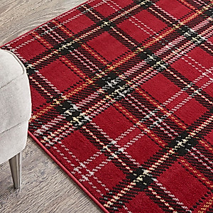 Nourison Grafix Red 3'9'' x 5'9'' Area-Rug, Modern, Plaid, Bed Room, Living Room, Dining Room, Kitchen, Easy-Cleaning, Non Shedding, (4' x 6')