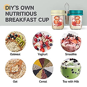 Wdcme 3 Pack Glass Mason Overnight Oats Jars with Airtight Lids and Spoons,12 oz Reusable Overnight Oats Containers with Measurement Marks (Green-Yellow-Grey)
