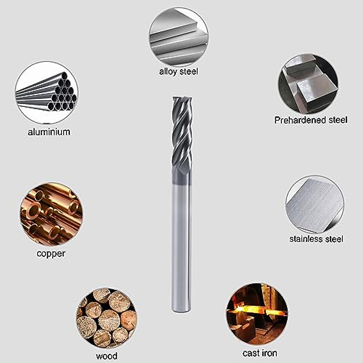 XYunEnZ ISB 1/8'' Carbide Square End Mill Set, 4 Flute Micro Grain Carbide Mill Bits for Alloy Steels/Hardened Steels/Aluminum/Copper, 5 Pcs