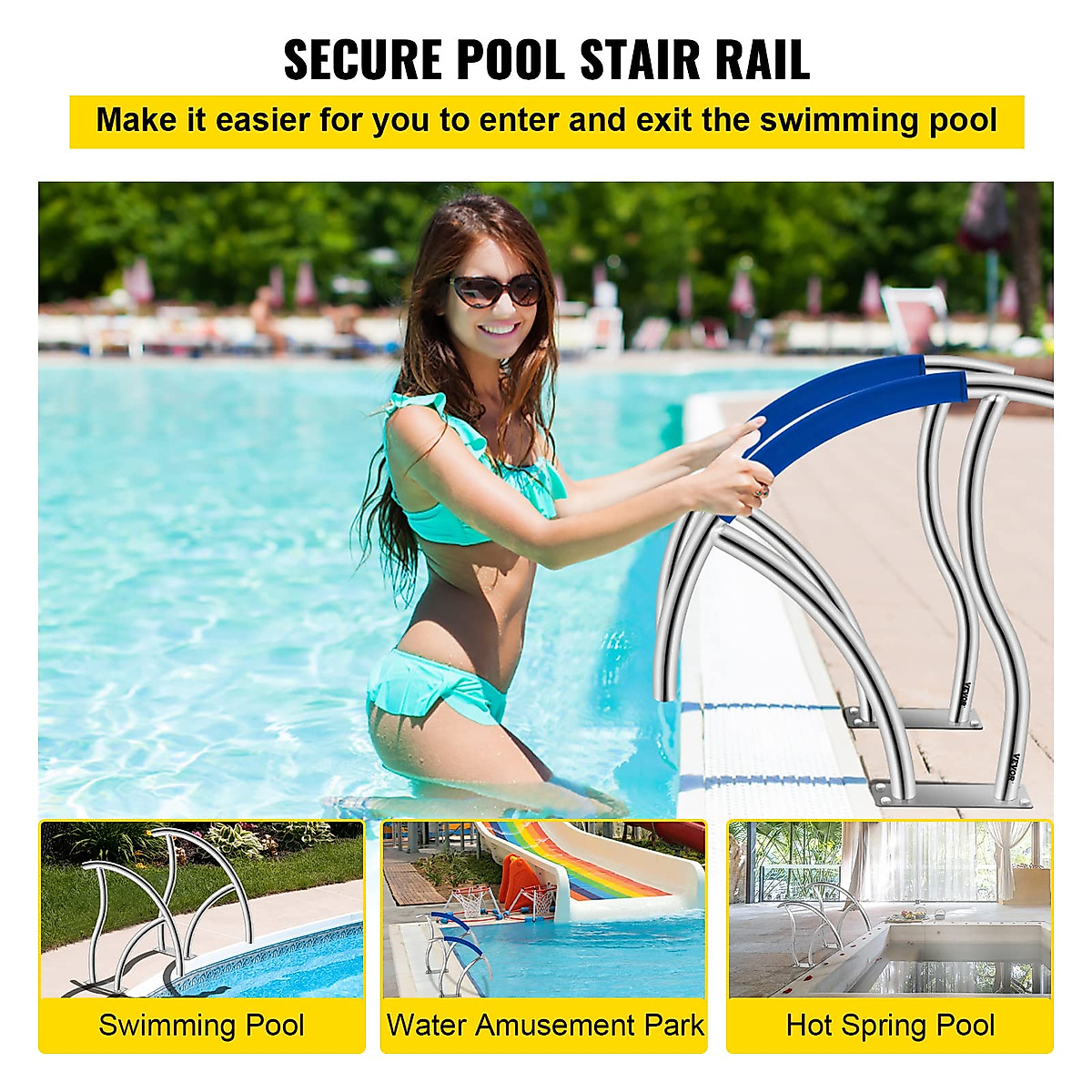 VEVOR Pool Handrail, 2Pack 30"x30" Swimming Pool Stair Rail, 304 Stainless Steel Stair Pool Hand Rail Rated 375lbs Load Capacity, Pool Rail with Quick Mount Base Plate, and Complete Mounting Accessory