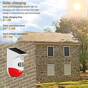 Solar Strobe Light with Remote Controller, Solar Alarm Light with Motion Detector 130db Sound Security Siren 24 Hours+Night Mode+7 Modes IP65 Waterproof for Home, Farm, Barn, Villa, Yard