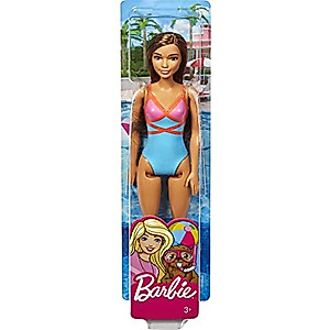 Barbie Doll, Brunette, Wearing Blue, Pink and Orange Swimsuit, for Kids 3 to 7 Years Old