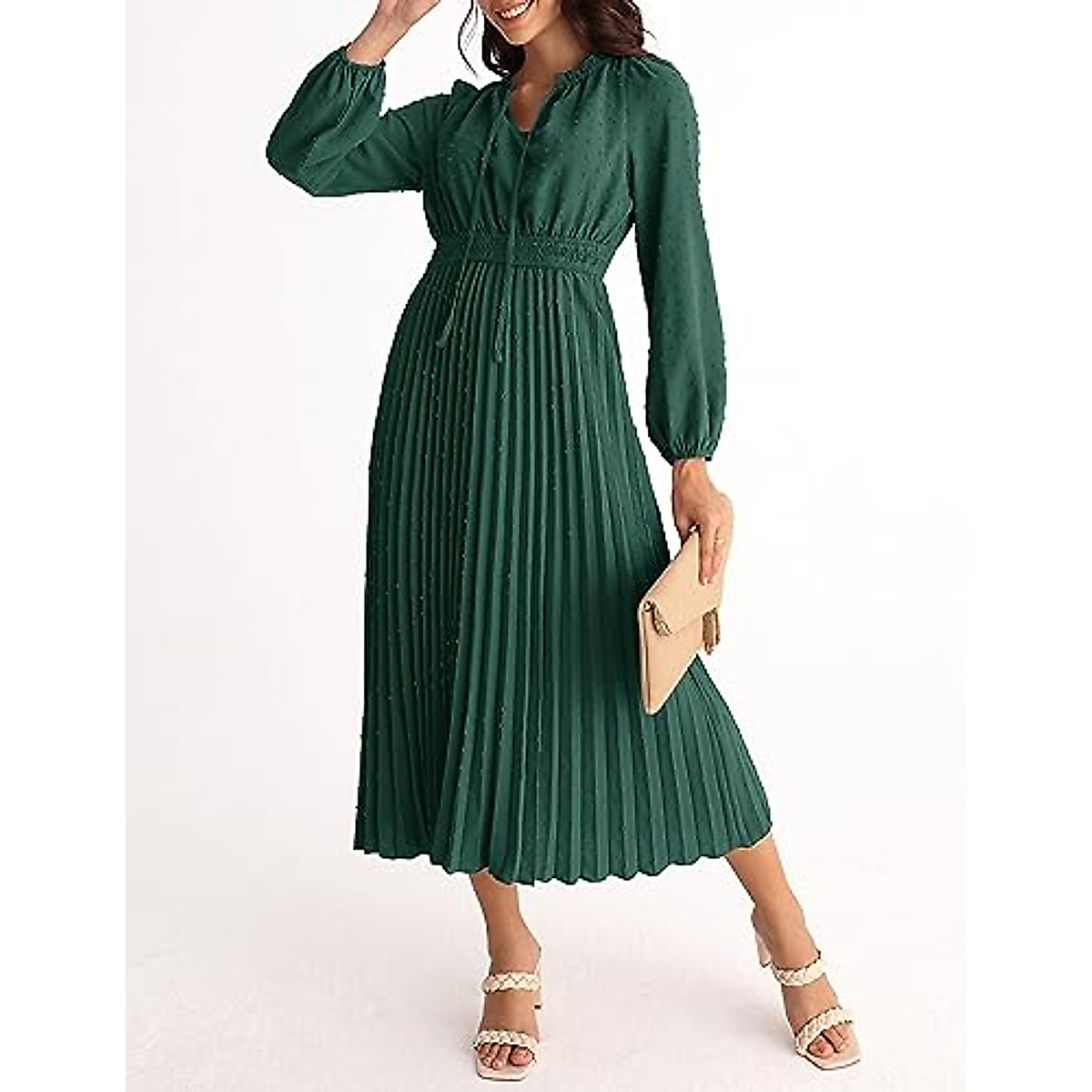 MEROKEETY Womens Elegant Long Lantern Sleeve V Neck Swiss Dot Ruffle Flowy Wedding Guest Dress,DarkGreen,M