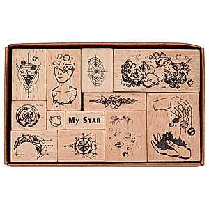 CRASPIRE 12pcs Vintage Wooden Rubber Stamp Set Streamer Star Trail Series Decorative Mounted Rubber Stamps for Card Making Crafting Letters Diary Scrapbooking DIY