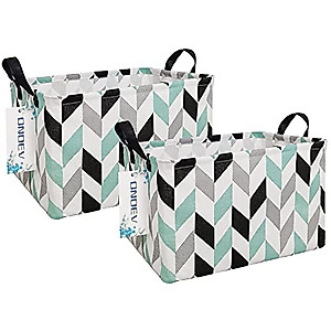 ONOEV 2 Pack Rectangular Fabric storage box,decorative basket and finishing basket with handle are used for the storage of clothes,books and sundries(2 Pack Green geometry)