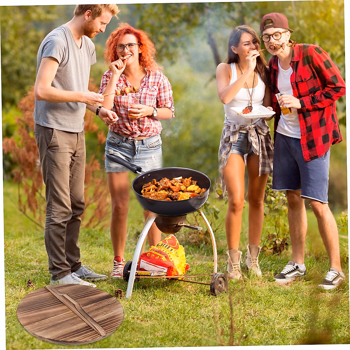 Wok Lid, 14 inch Natural Wooden Wok Cover, Anti-scalding Pot Lid, Replacement Round Pot Cover with Handle for Kitchen Camping Picnic,Wok Cover