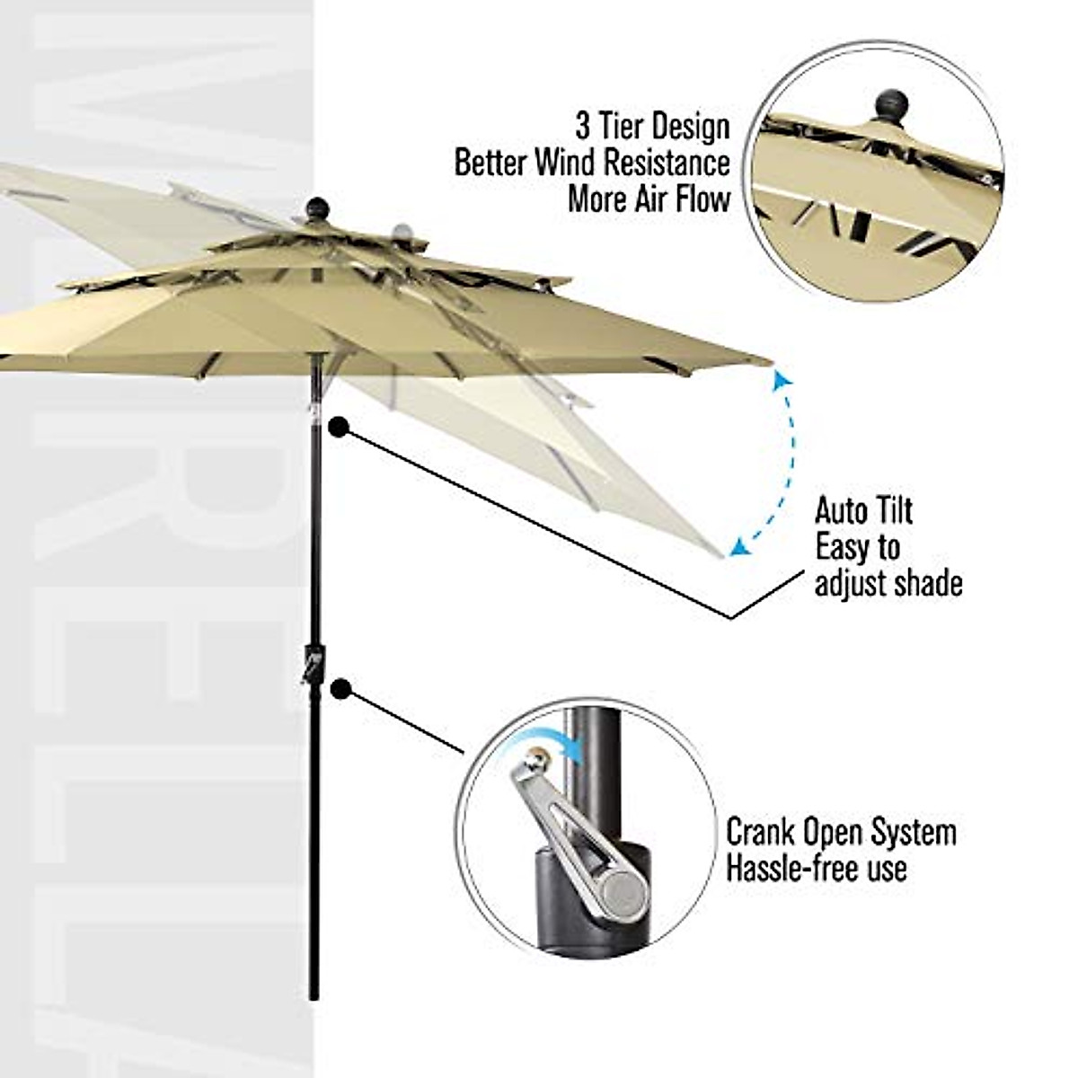 Sophia & William 10ft 3 Tier Auto-tilt Patio Umbrella, Outdoor Double Vented Umbrella with Crank, Beige