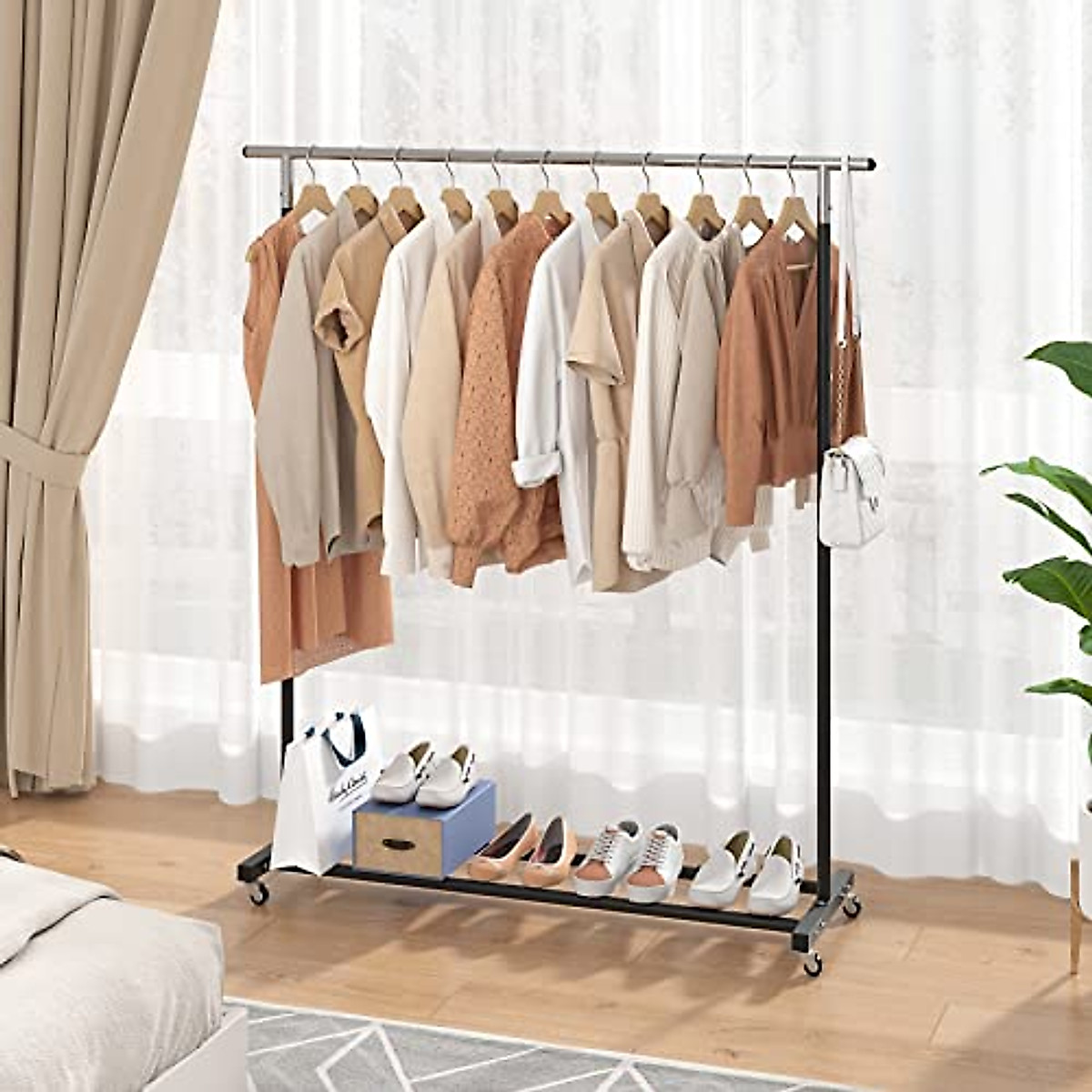 Buzowruil Clothing Rack Clothes Rack Standard Rod Simple Rolling Metal Garment Rack Organizer Freestanding Hanger with Wheels,Black with Silver