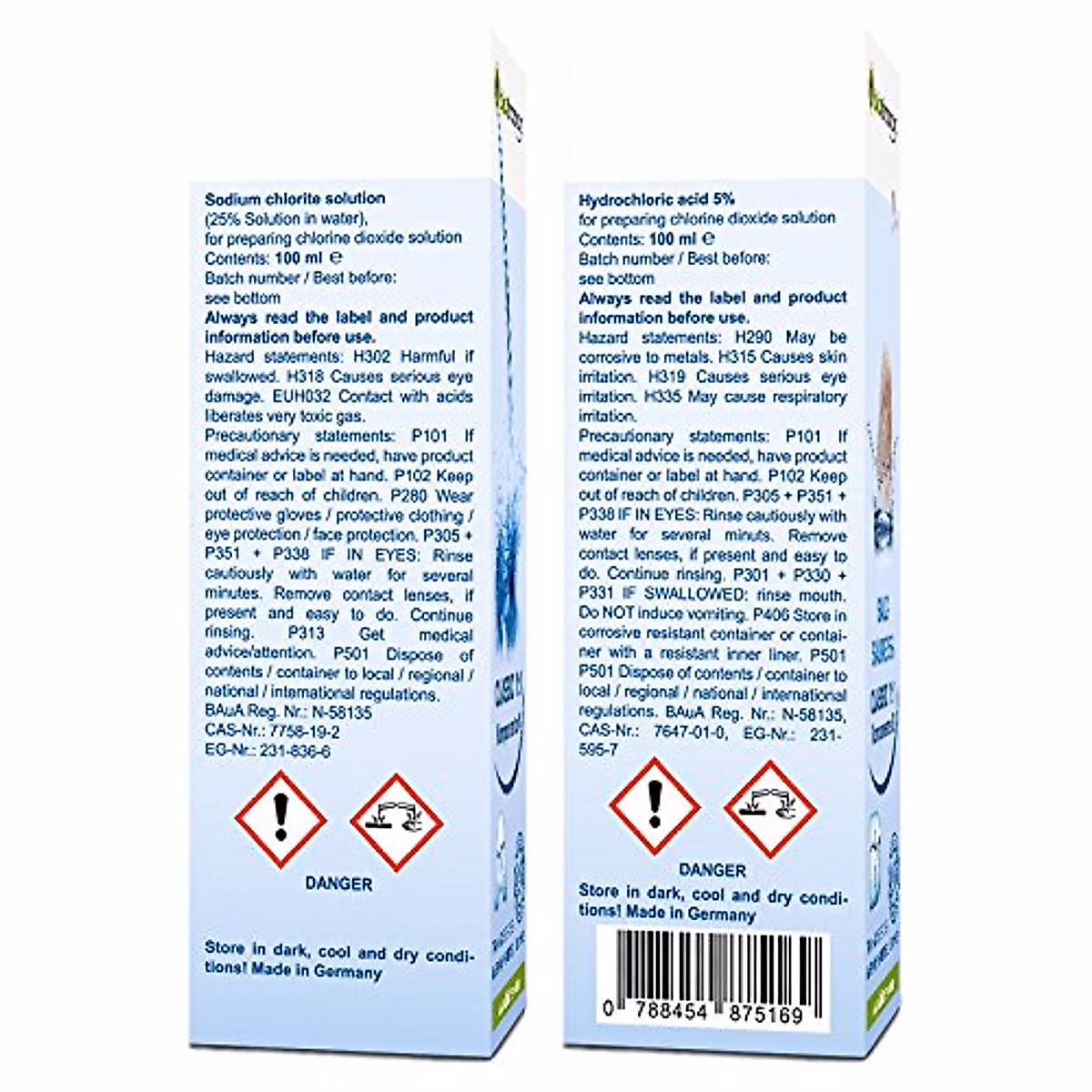 Biotraxx Classic Water Purification 1:1 Set, 1x 100ml Hydrochloric Acid 5%, 1x 100ml Sodium Solution. Made in Germany