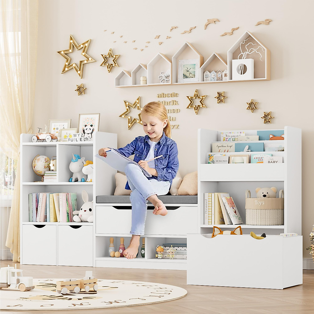 FOTOSOK 72” Kids Bookshelf with Reading Nook, Super Large Toy Storage Organizer with Seat Cushion and 3 Movable Drawers, Kids Reading Nook Toy Organizers and Storage with Bench for Living Room