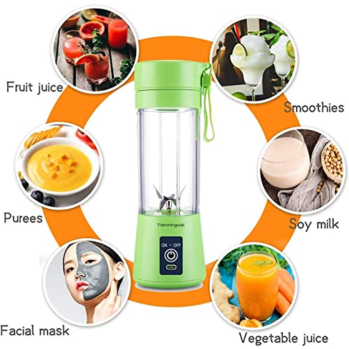 Tianmingwei Portable Blender Personal 6 Blades Juicer Cup Household Fruit Mixer with Magnetic Secure Switch USB Charger Cable 400ml (Green)