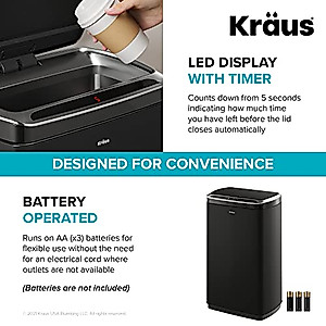 Kraus KTCS-10MB GarbagePro Rectangular 13 Gallon Hands-Free Motion Sensor Trash Can Battery Operated in Matte Black Finish with SoftShut Touchless Lid