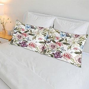 Flower Rose Butterfly Pattern Satin Pillow Cases Silk Satin Pillowcase for Hair and Skin Standard Set of 2 Super Soft Silk Pillowcase with Envelope Closure (20x26 in)