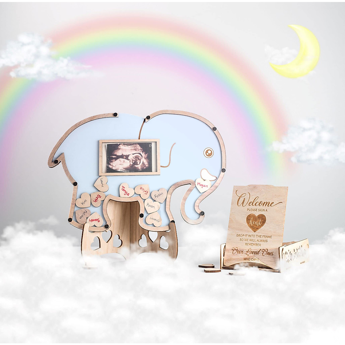 Baby Shower Guest Book Alternatives - Elephant Baby Shower Decorations For Boy - Blue Baby Shower Centerpiece - Jungle Baby Shower Decorations - Baby Sonogram Frame Keepsake- Elephant Nursery Decor Photo Frame - Safari Jungle Baby Shower Sign In Guestbook