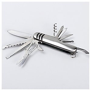 Multi Function Pocket Tools Chest Knife Stainless Steel with 11 features: knife, saw, double jagged, scissors, bottle opener, can opener, the screwdriver, file, the threading, scissors, red wine drill