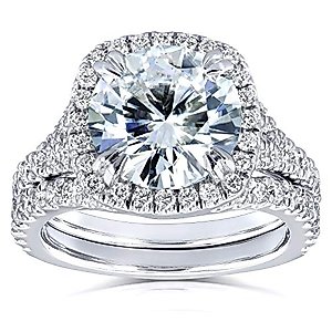 Kobelli Round Forever One Moissanite Cushion Halo Bridal Wedding Set 4 CTW 14k White Gold, 9.5