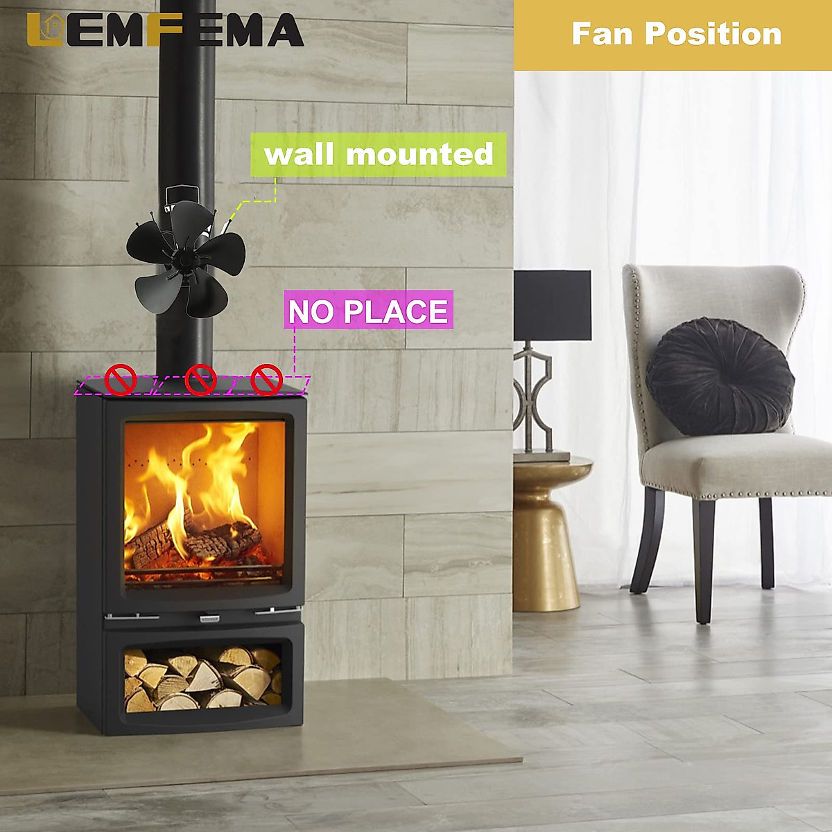 Lemfema Heat Powered 5 Blades Stove Fan, Flue Pipe Hanging Fireplace Fan for for Wood/Log Burner/Fireplace, Silent Indoor Stove Fan with Magnetic Thermomete